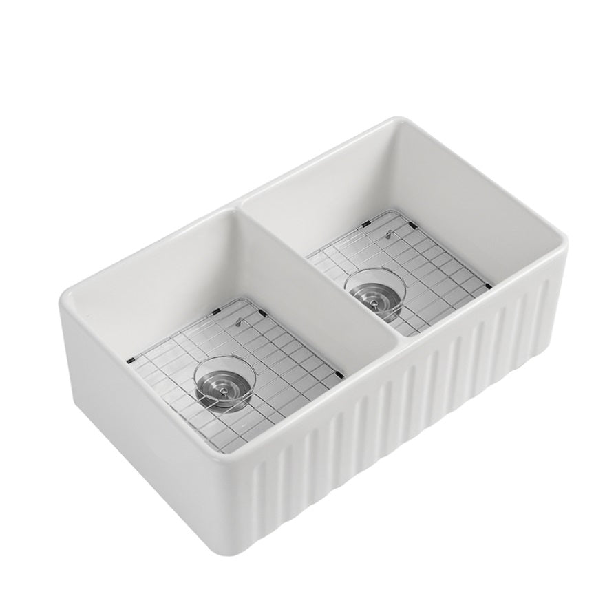 Fireclay 33" L X 20" W Double Basin Farmhouse Kitchen Sink With Grid A ...