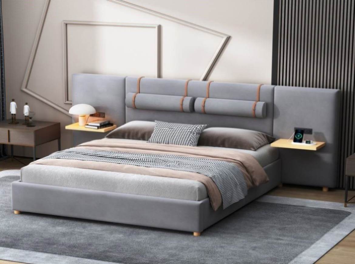 Queen Upholstered Platform Bed, Two Outlets and USB Charging Ports on ...