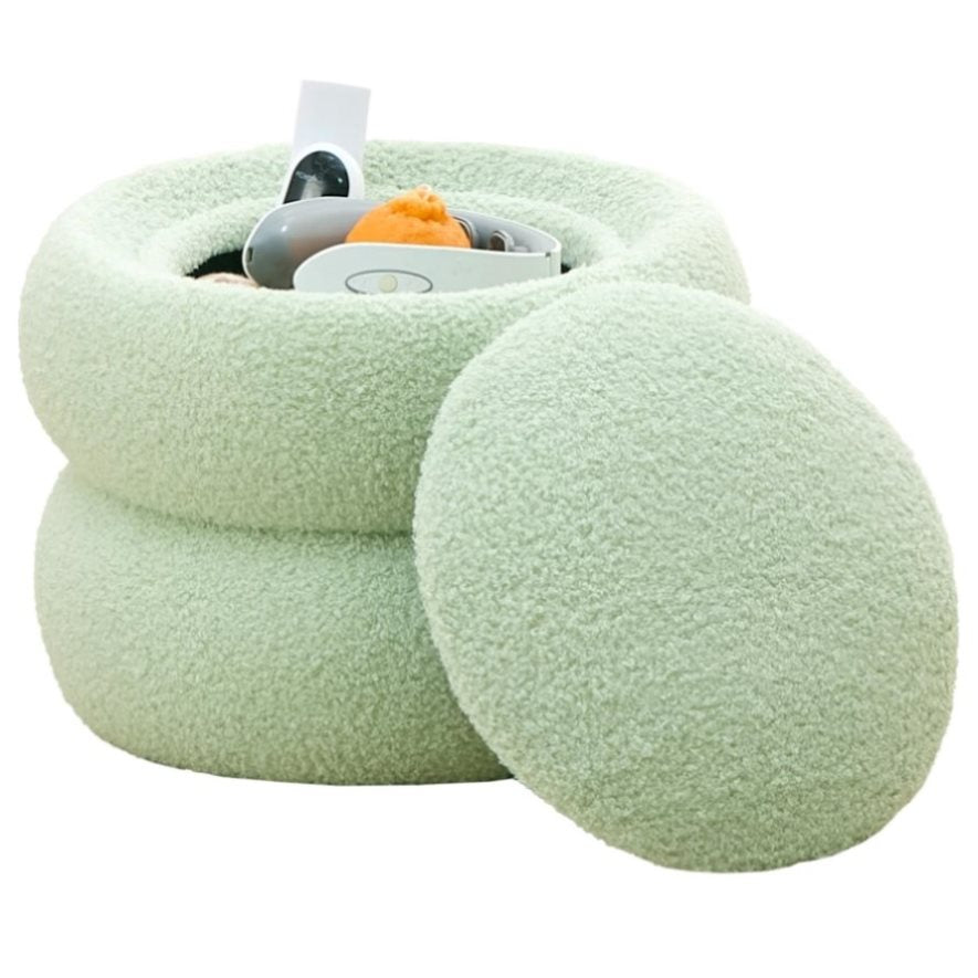 Storage Ottoman, Round Teddy Velvet Footrest with Tray, Macaron-Shaped ...